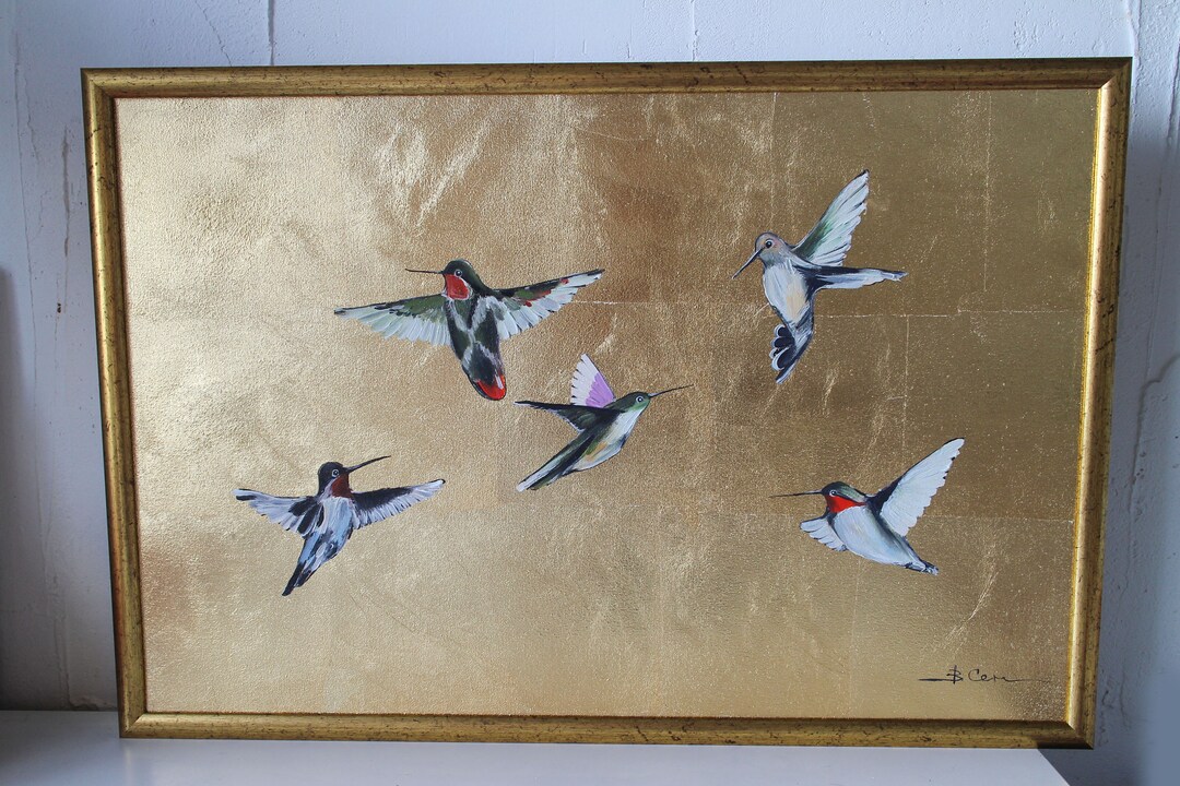 Hummingbird Colibri Coruscans Large Oil Painting With Gold Leaf 24x16 ...