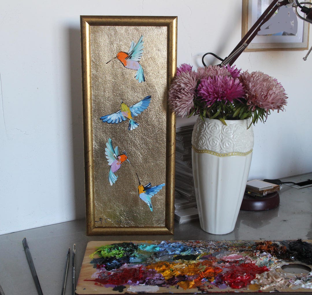 Hummingbirds Colibri Coruscans Oil Painting With Gold Leaf Original ...