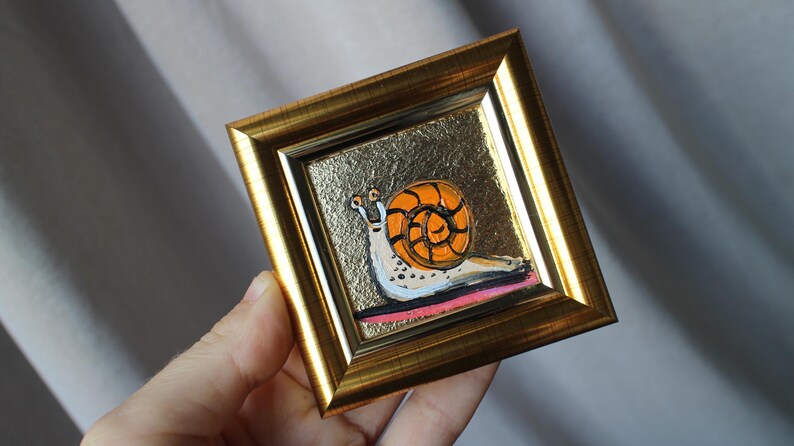 Snail Oil Painting: Original Framed Art Gold Leaf 2x2 In - Etsy