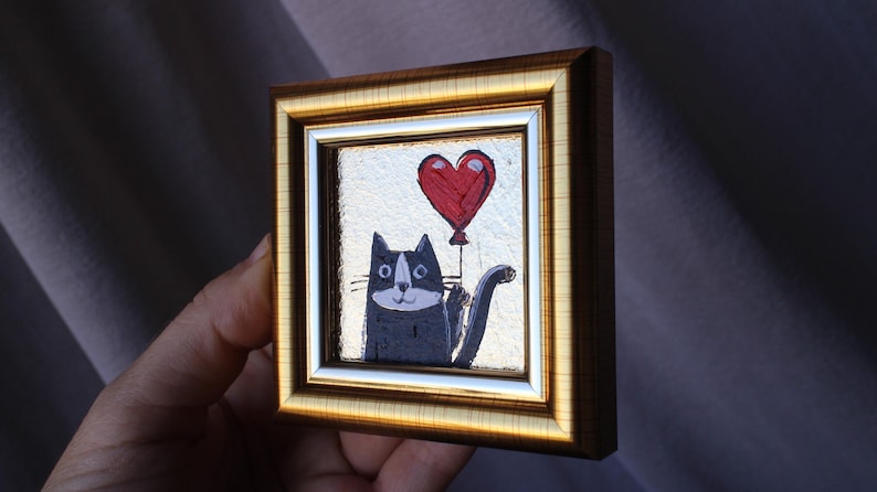 Black Cat Valentine Craft Kid Oil Painting With Gold Leaf (2x2 Inch) - Etsy
