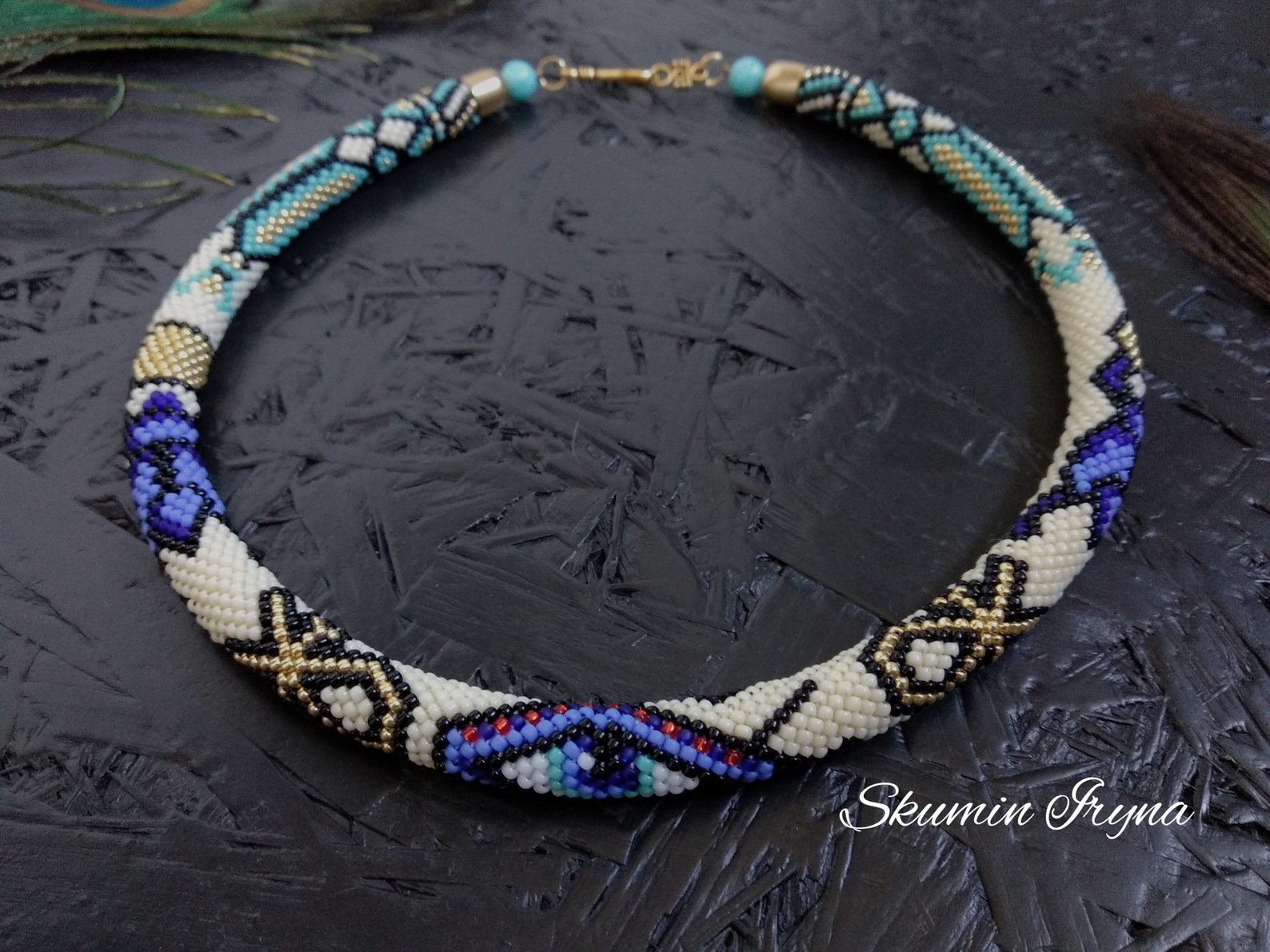 Egyptian Eye Necklace. Ankh Bead Crochet Necklace With Aquamarine Stone ...