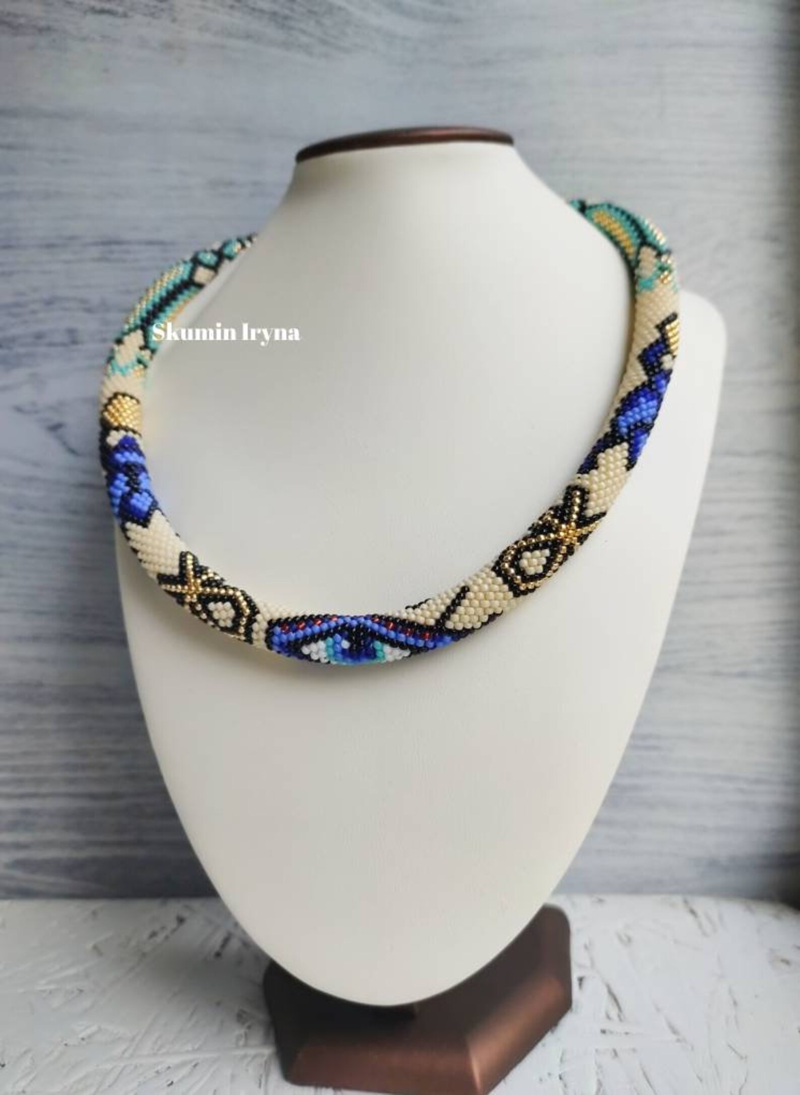 Egyptian Eye Necklace. Ankh Bead Crochet Necklace With Aquamarine Stone ...