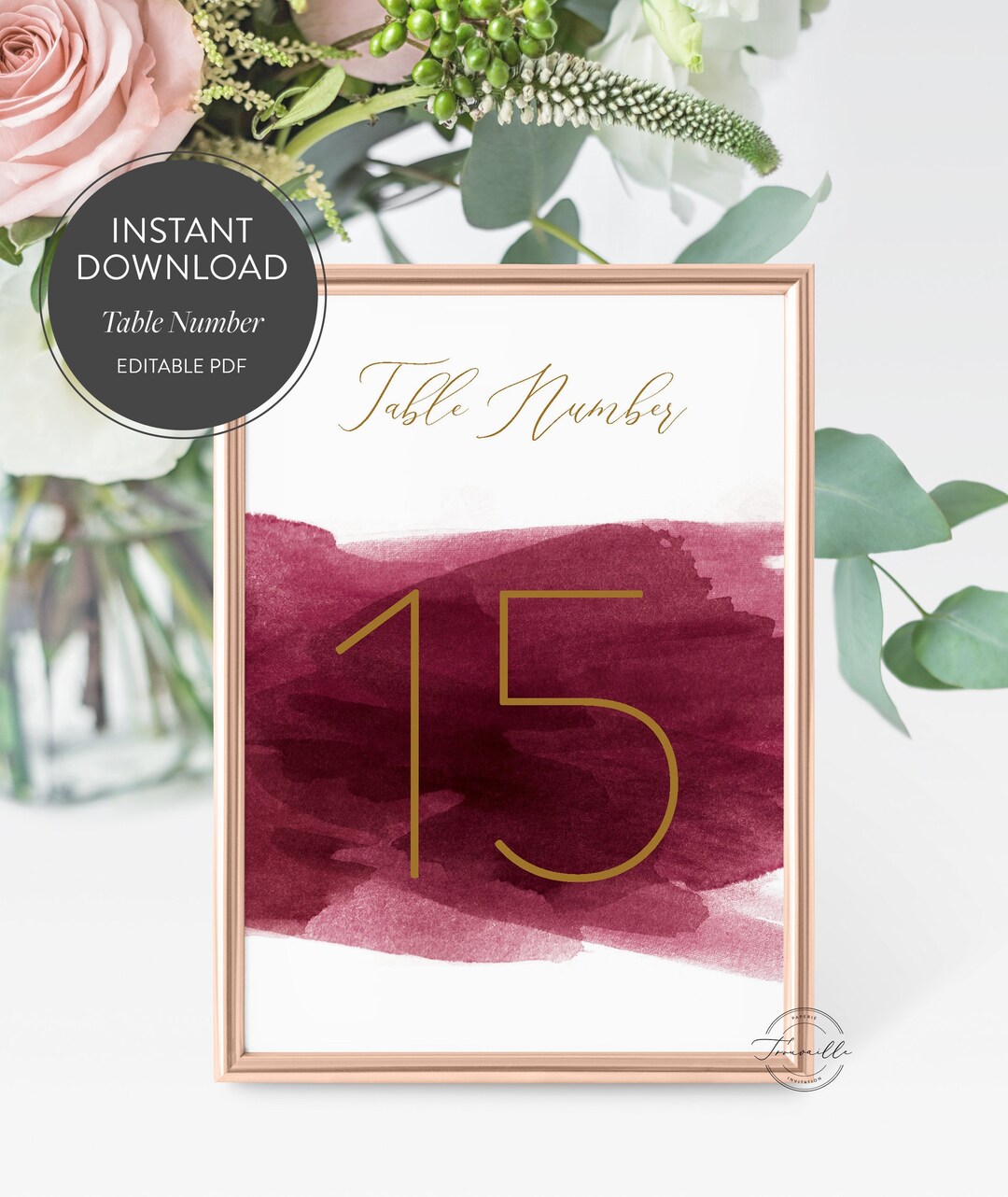 Red Burgundy Watercolor Table Number, Printable Table Number Template ...