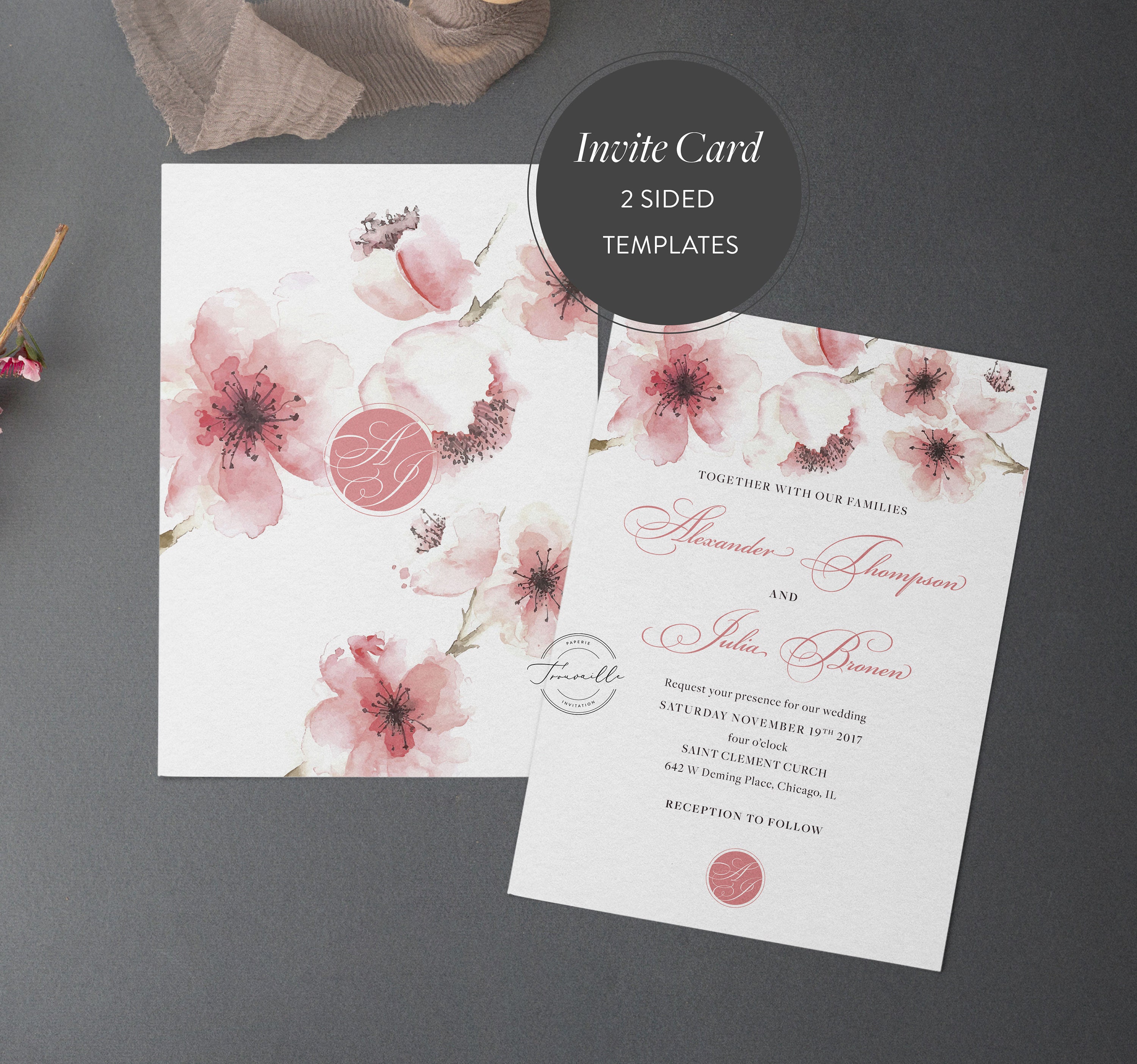 Romantic Cherry Blossom Printable Wedding Invitation Template - Etsy