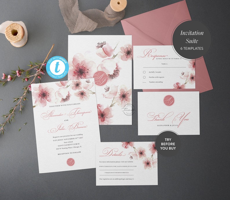 Romantic Cherry Blossom Printable Wedding Invitation Template - Etsy