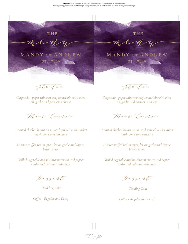 Purple Watercolor Menu Printable Wedding Menu Template, Modern Wedding ...