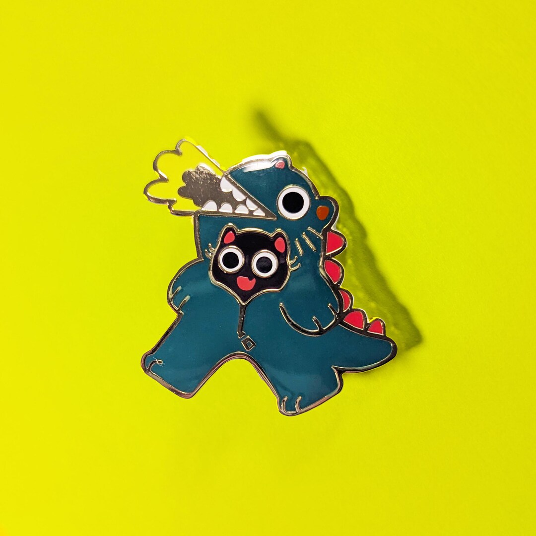 Godzilla Costume Black Cat Enamel Pin | Screen Printed Retro Badge ...