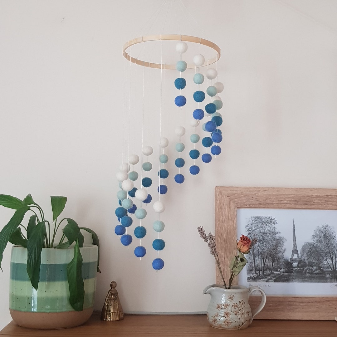 Blue and White Cascading Felt Ball Mobile, Soft Blue Coloured Nursery ...