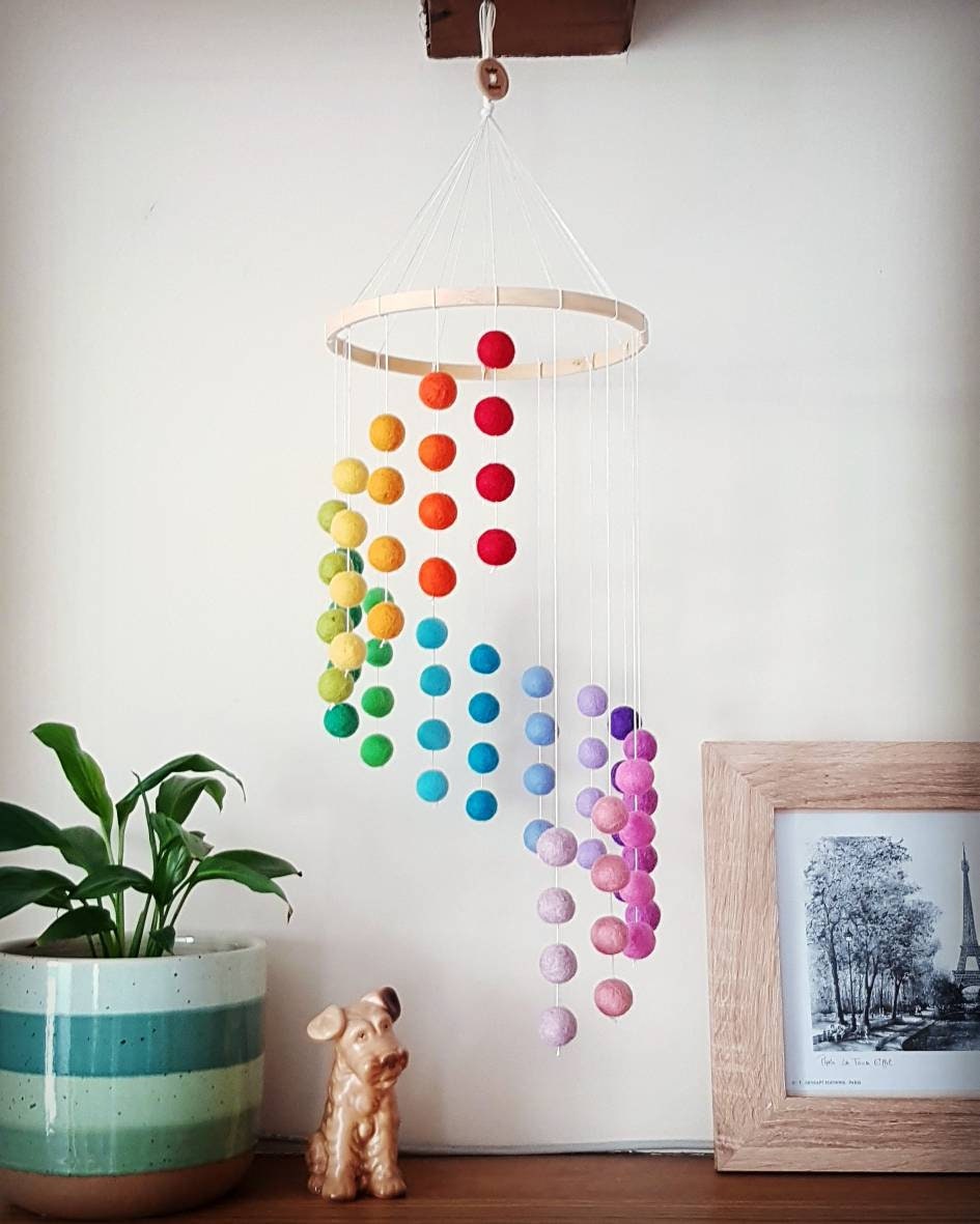 Rainbow Cascading Felt Ball Mobile Brightly Coloured Nursery | Etsy