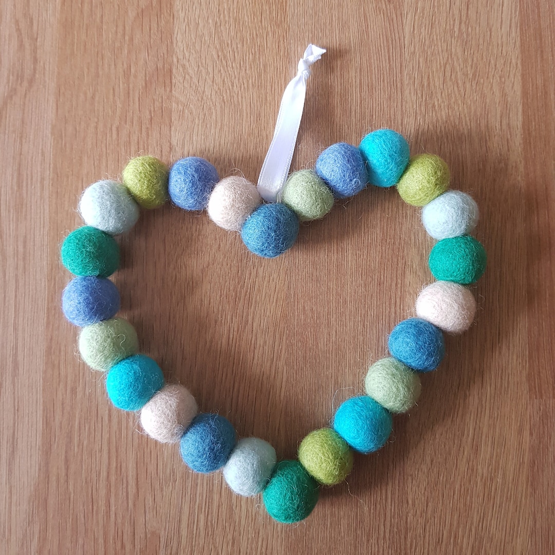Blue/green Felt Ball Heart Wreath. Bright Coloured Wool Beads Shaped ...