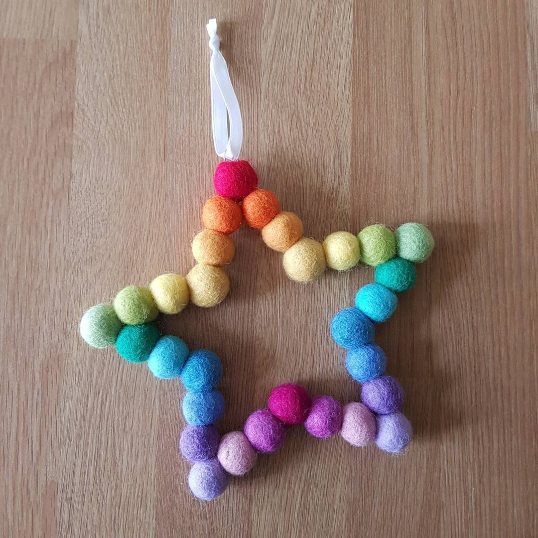 Rainbow Felt Ball Star Hanging, Colourful Wool Beads Shaped Into a Star ...