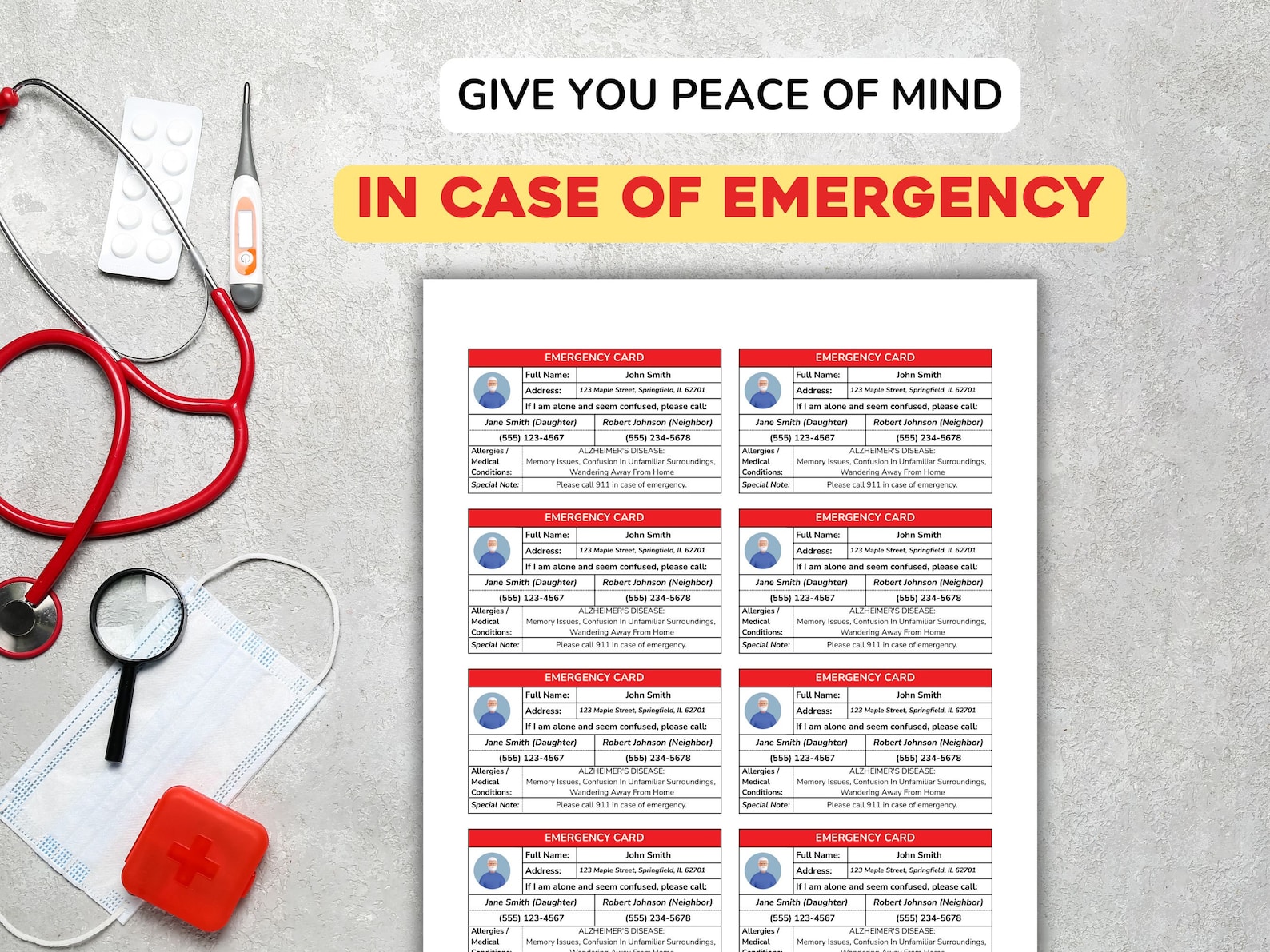 Elderly Emergency Card, Safety Card, Medical ID Card, Medical Alert ...