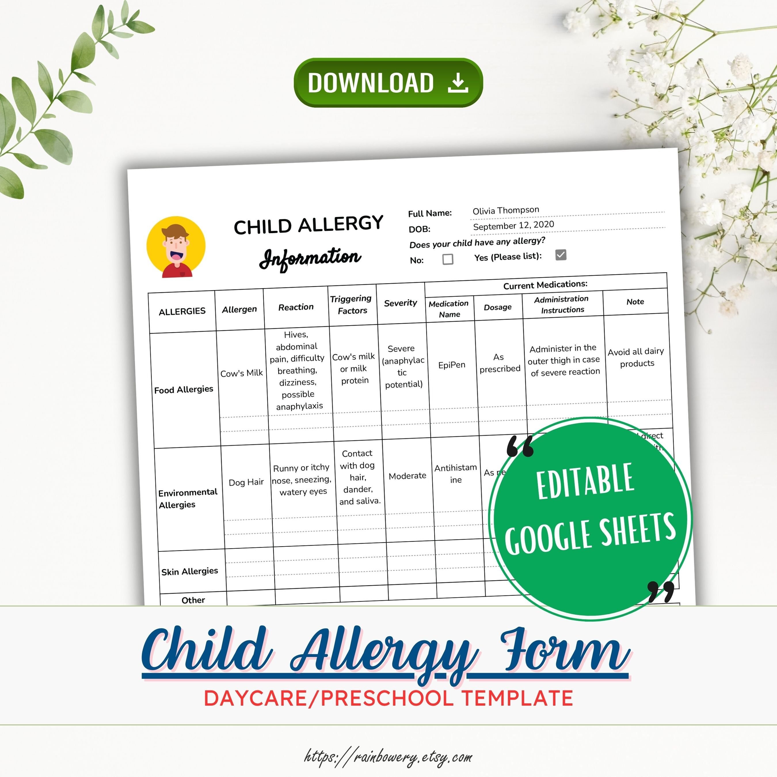 Child Allergy Form Template for Daycares/preschools, Editable Google ...
