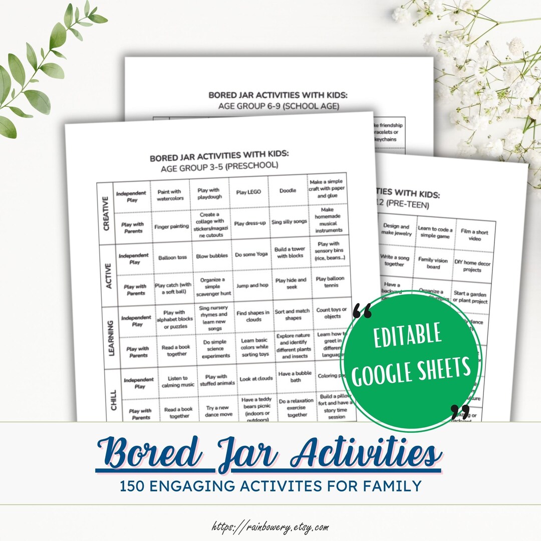 150 Bored Jar Activities for Parents & Kids, Editable Template Google ...
