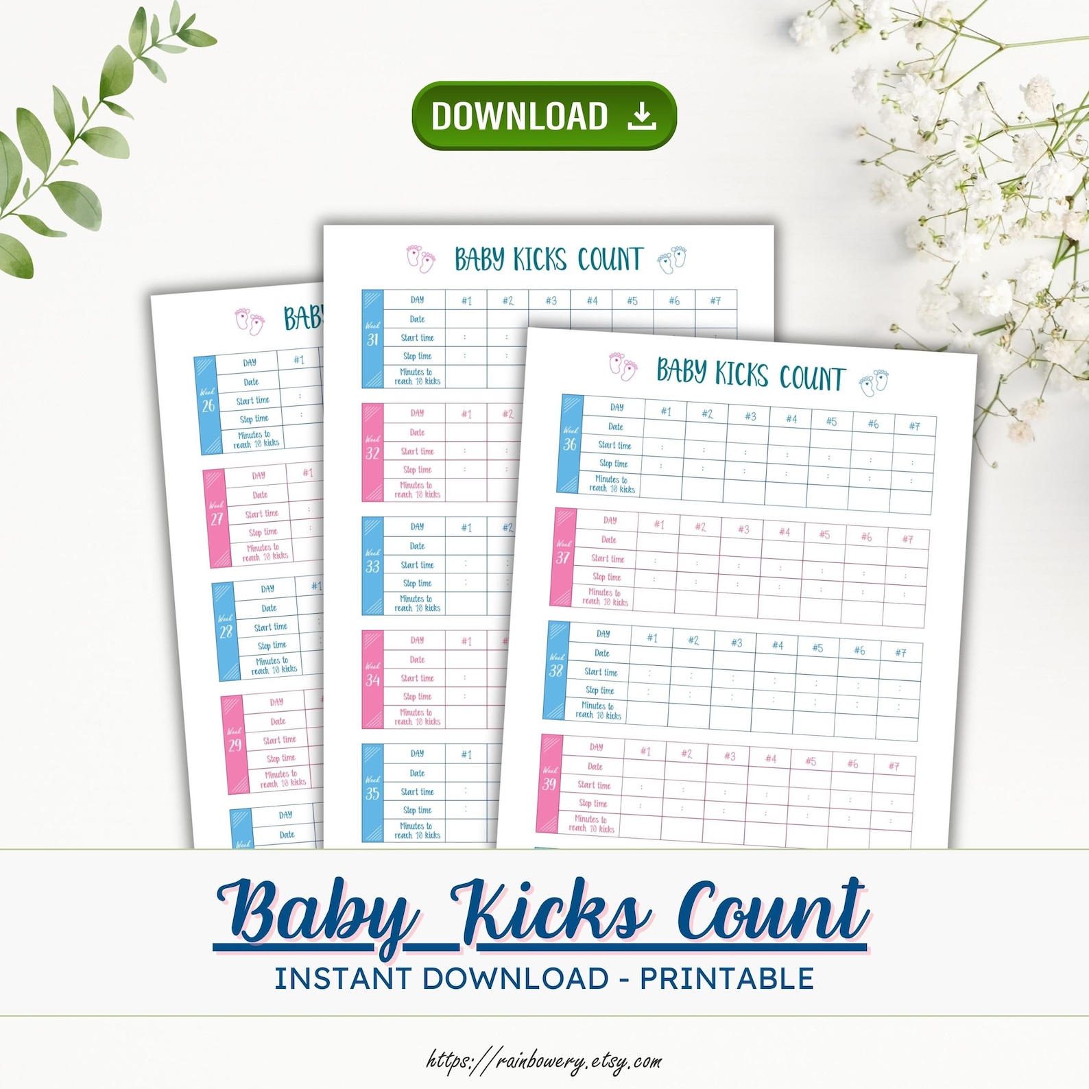 Baby Kick Count Printable, Fetal Movement Counting Template, Baby Kick ...