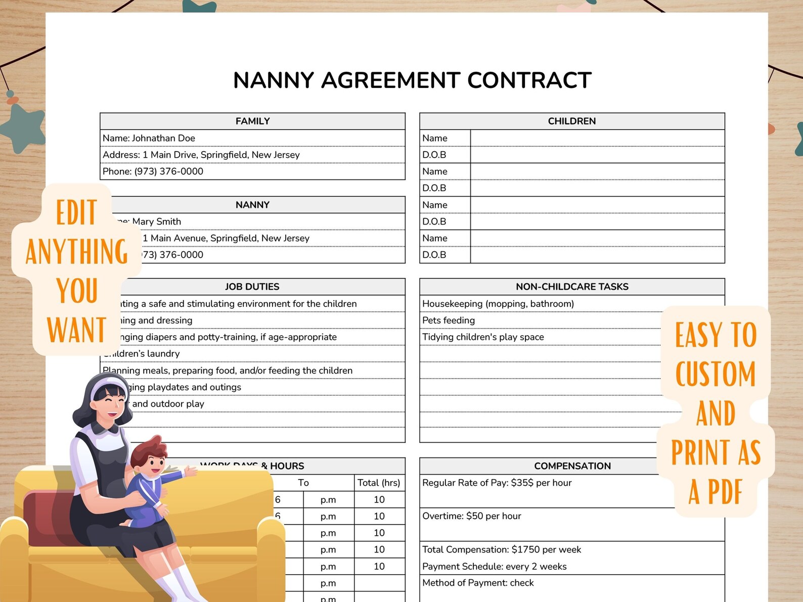 Nanny Agreement Contract, Editable Google Sheets Nanny Contract Template, Nanny Agreement ...