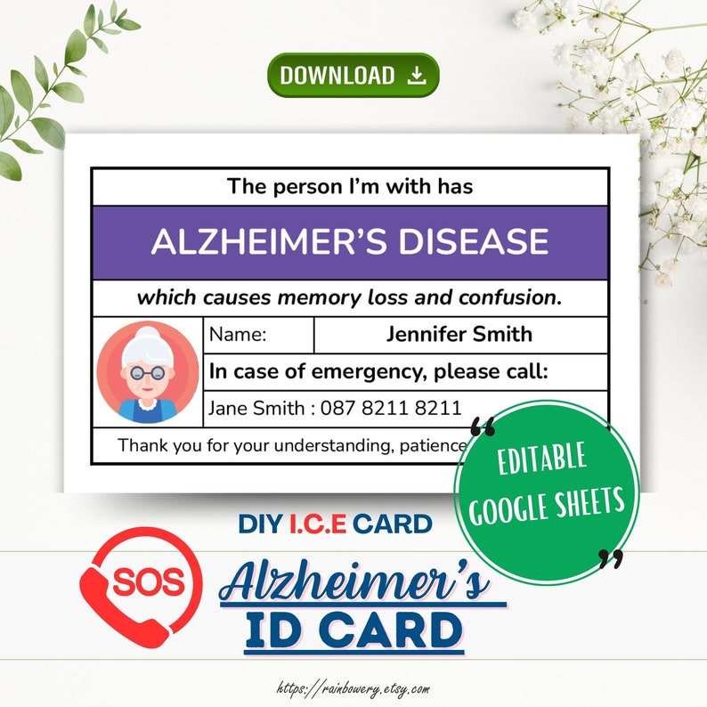 Alzheimer's ID Card, Dementia Emergency Contact Card, Editable Dementia ...