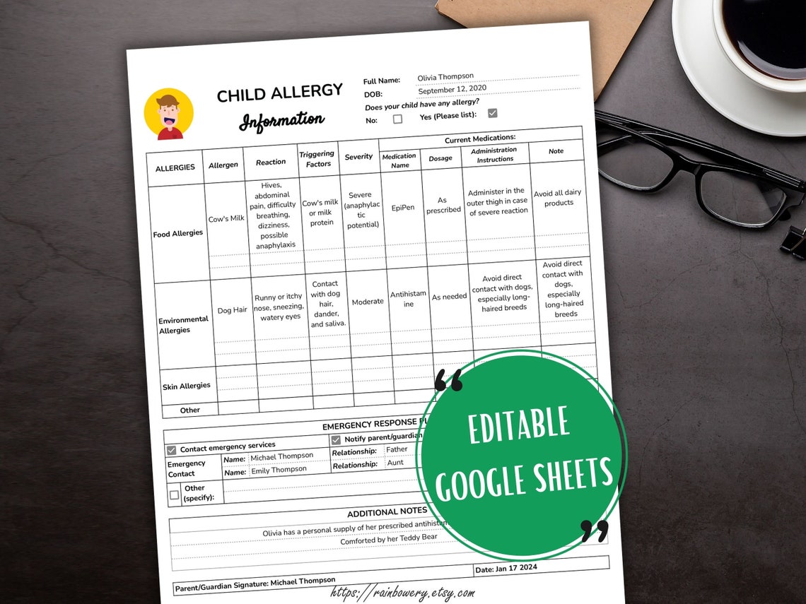 Child Allergy Form Template for Daycares/preschools, Editable Google ...