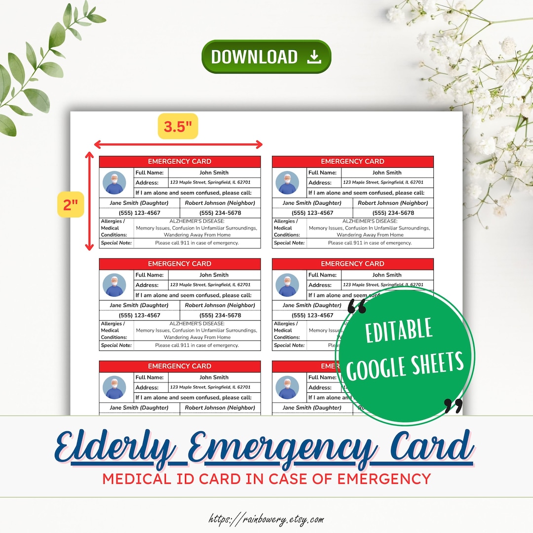 Elderly Emergency Card, Safety Card, Medical ID Card, Medical Alert ...