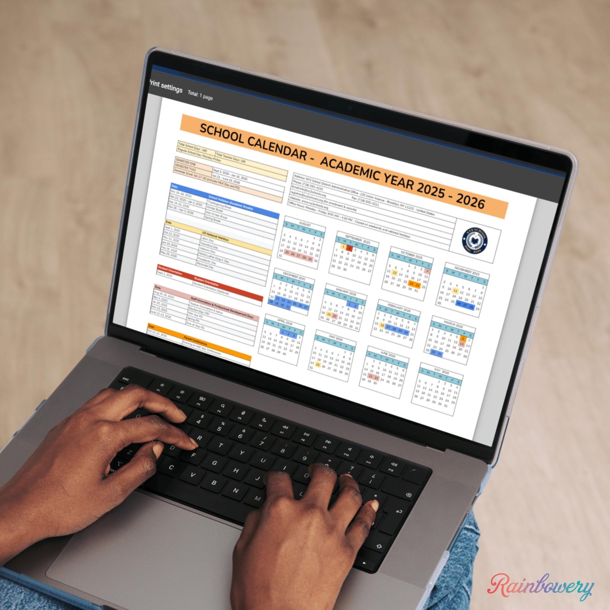 Editable SCHOOL CALENDAR Template, Academic Year 2025 2026 Google ...