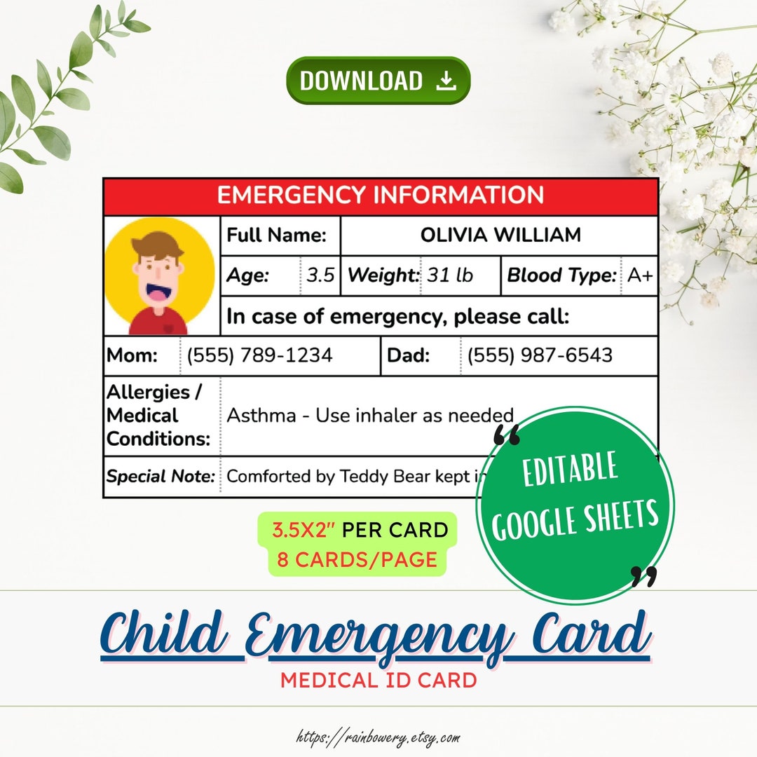 Kids Emergency Card, Child Safety Card, Medical ID Card, Customizable Editable Emergency ...