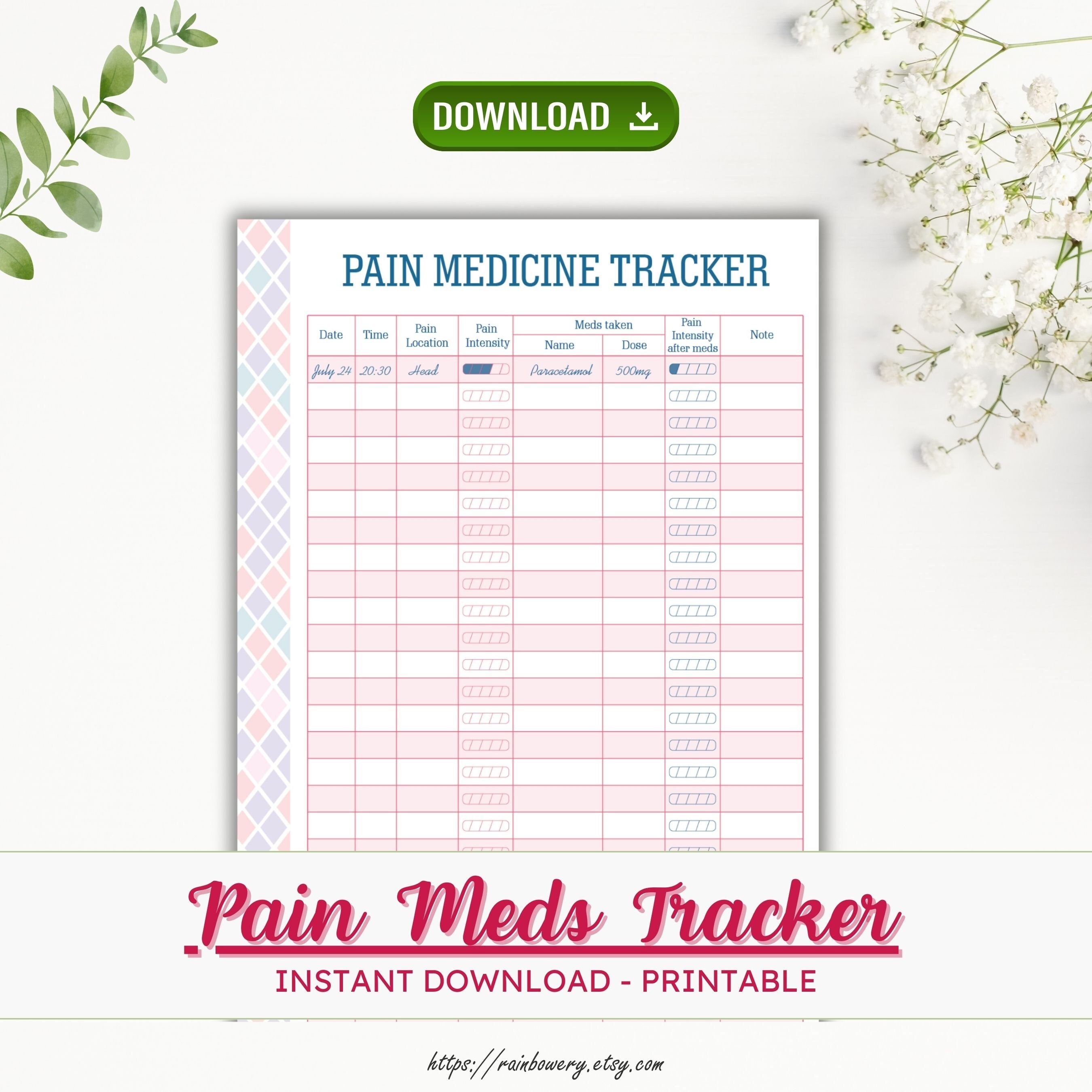 Pain Medicine Tracker, Pain Medication Tracker, Pain Meds Tracker ...