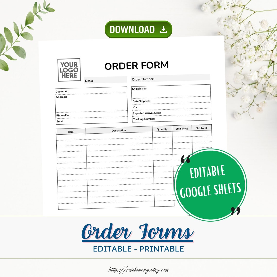 Order Form Editable Template Google Sheets, Small Business Order Form ...