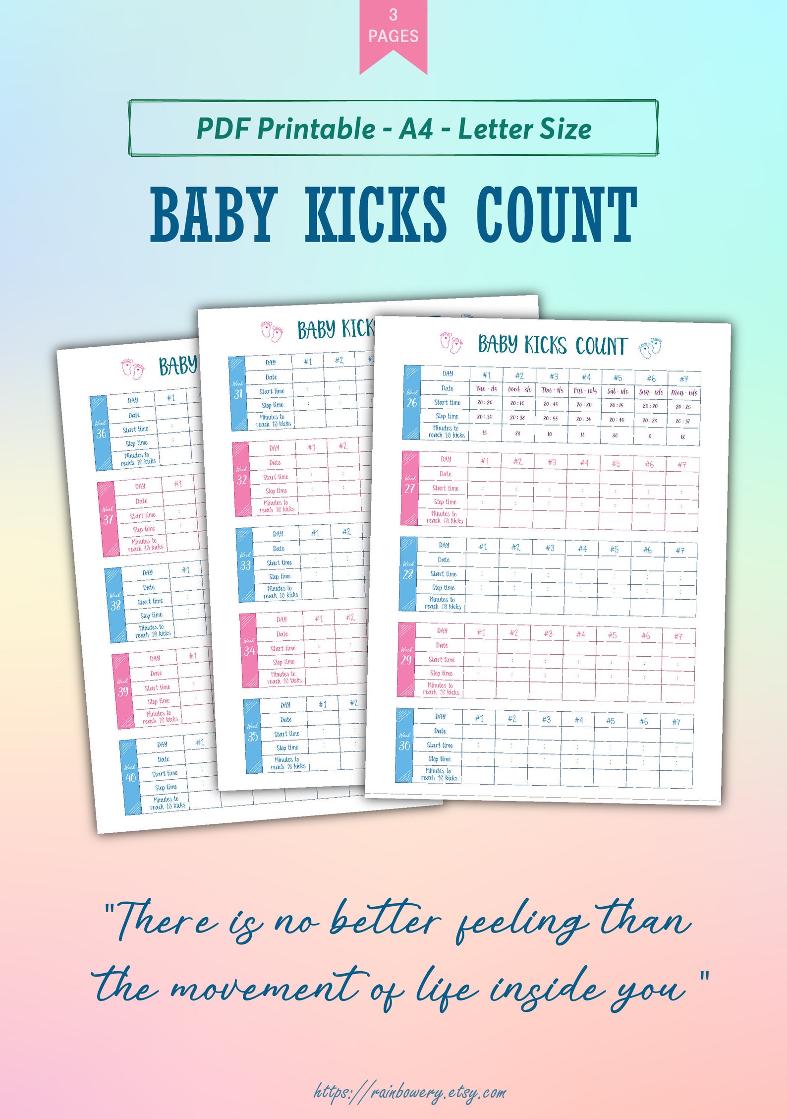 Baby Kick Count Printable, Fetal Movement Counting Template, Baby Kick ...