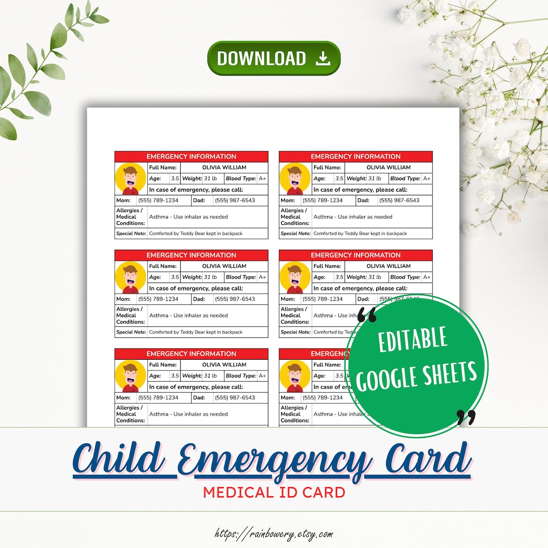 Child Emergency Card Google Sheets, DIY Emergency Contact Card for ...
