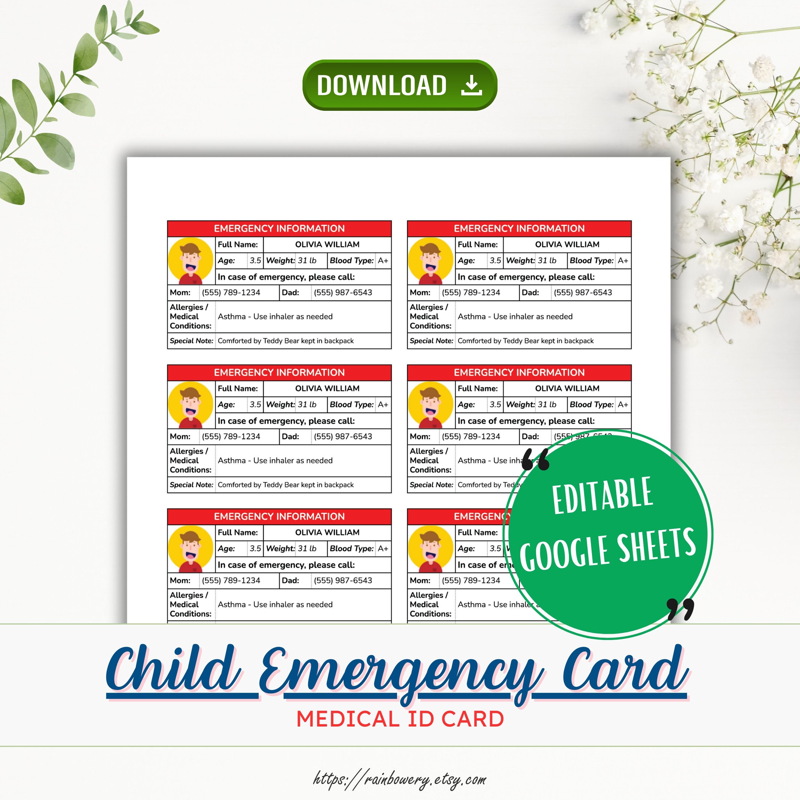 Child Emergency Card Google Sheets, DIY Emergency Contact Card for ...