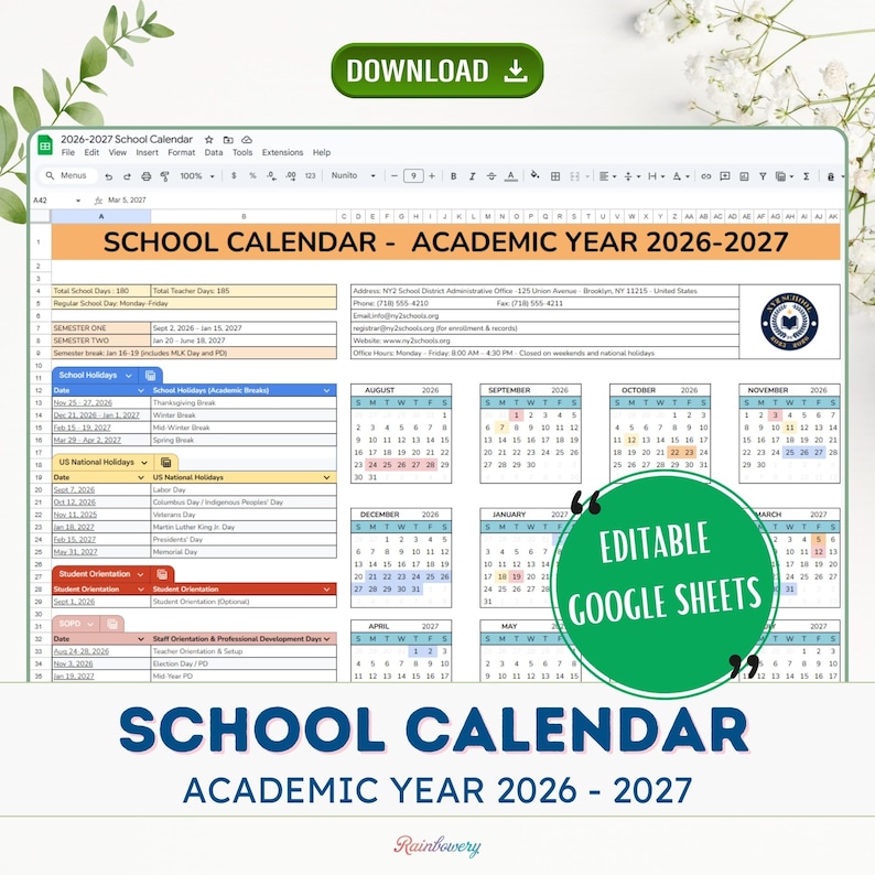 Editable 2026 2027 SCHOOL CALENDAR Template, Academic Year 2026 2027 Google Sheets, Back to ...