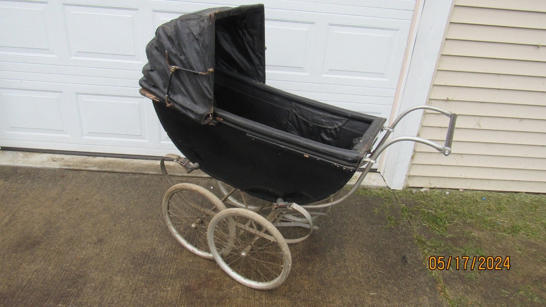 Large Vintage Antique Handmade Baby Stroller Buggy Carriage Wood Wicker ...