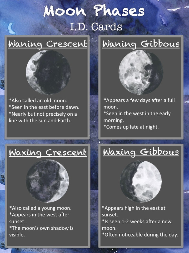 Printable Moon Phases ID Flash Cards Instant Download + Bonus Learning ...