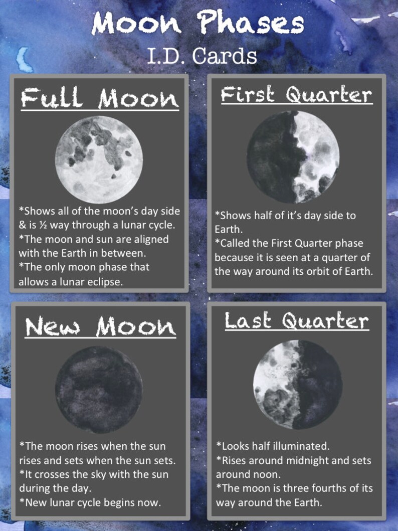 Printable Moon Phases ID Flash Cards Instant Download + Bonus Learning ...