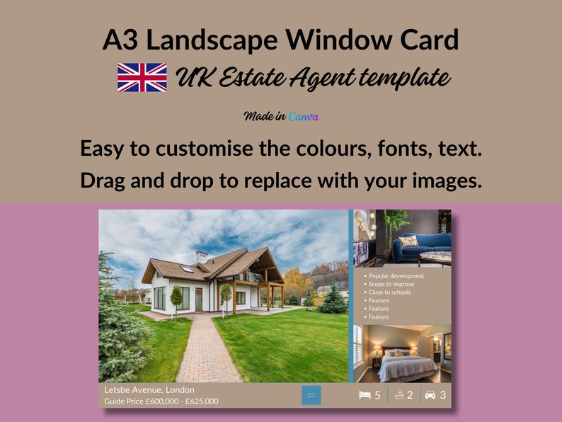 A3 Window Card for UK Estate Agents | Canva Template - Etsy