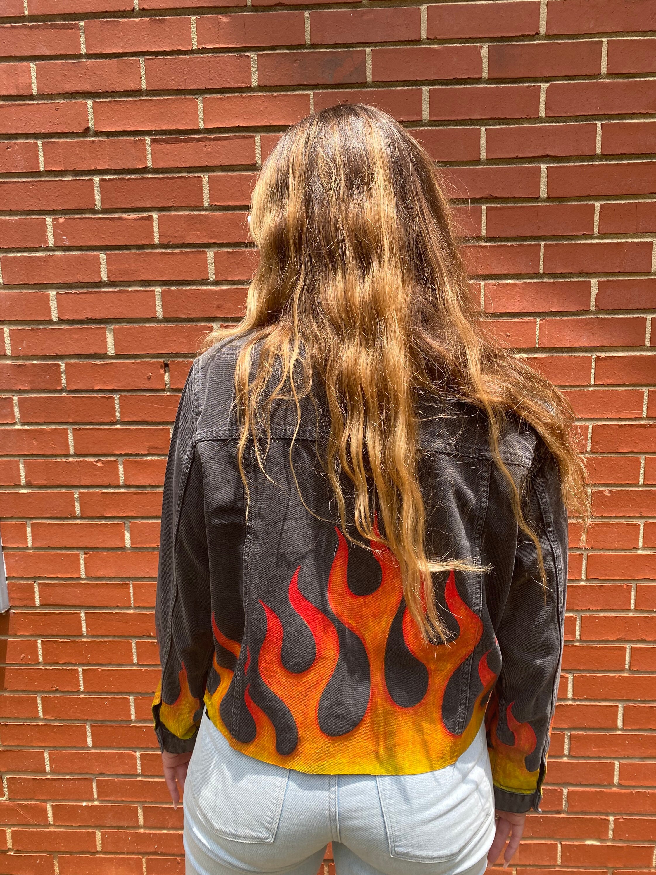 Fire Flame Painted Black Cropped Denim Jacket Size Men’s S - Etsy