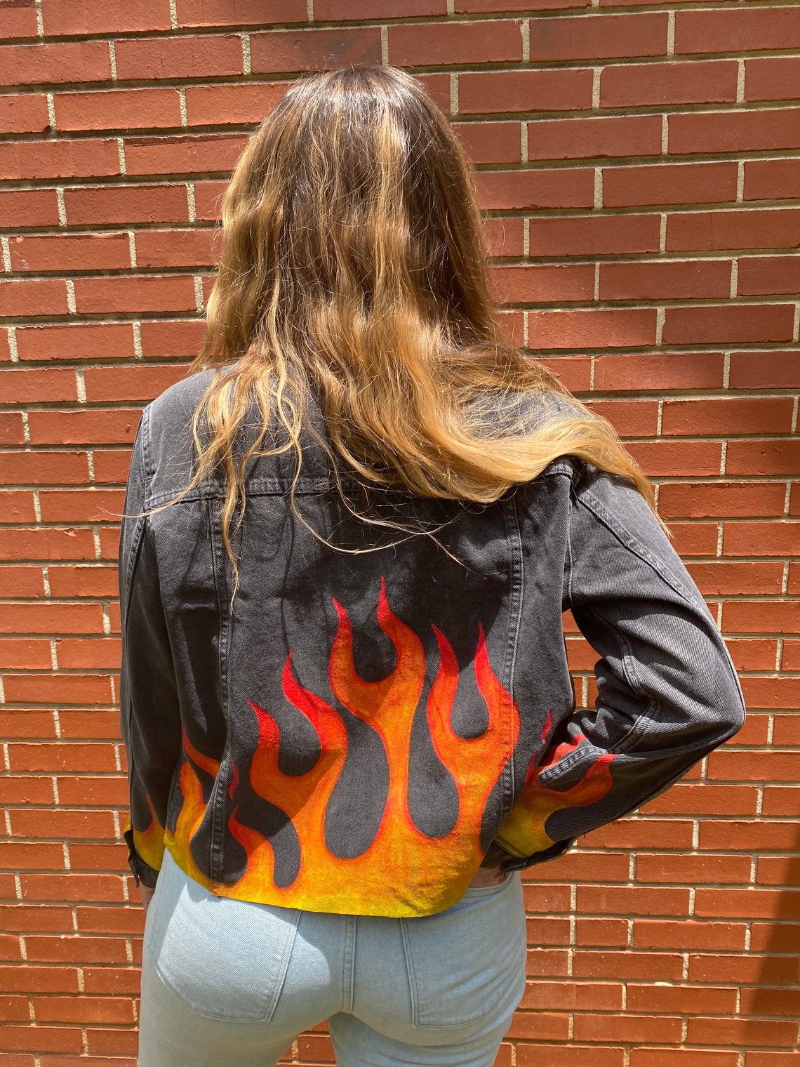 Fire Flame Painted Black Cropped Denim Jacket Size Men’s S - Etsy
