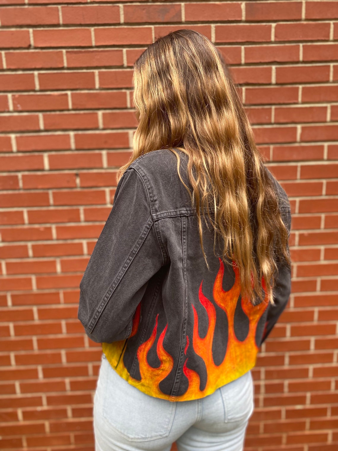 Fire Flame Painted Black Cropped Denim Jacket Size Men’s S - Etsy