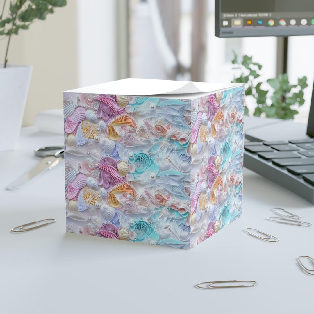 Note Cube, Seashell and Sea Coral Design, Desk Organizer, Beach Theme ...