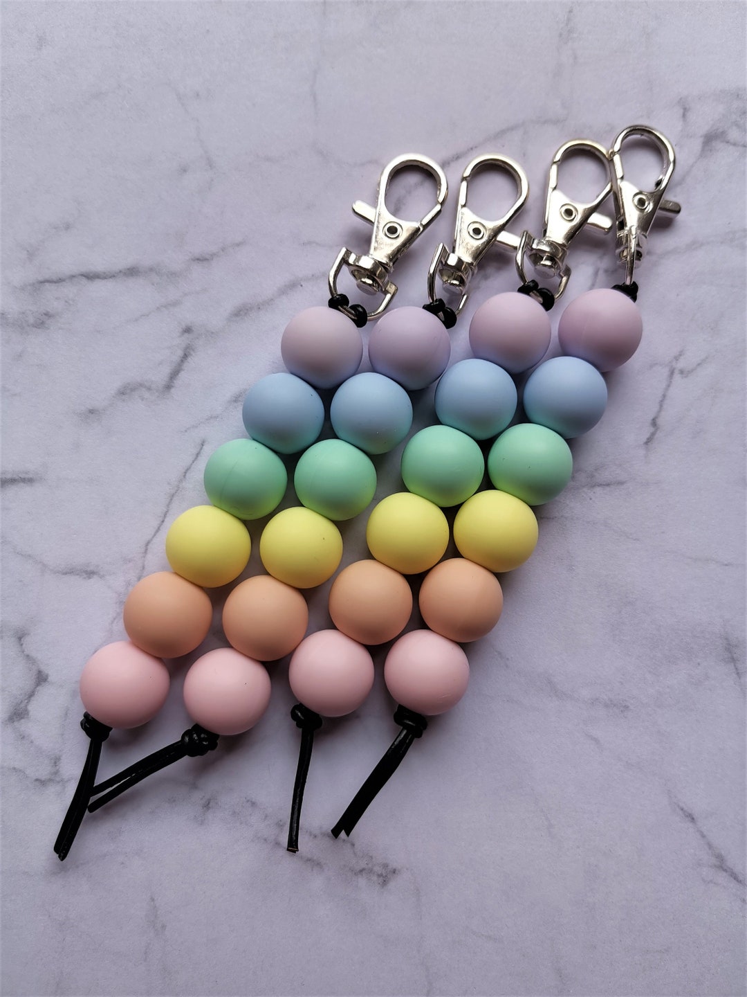 Pastel Rainbow Beaded Keychain: Silicon Keyring With Leather Cord - Etsy