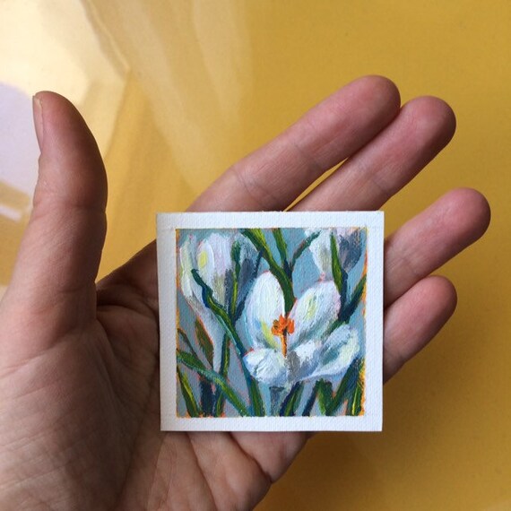 White crocus painting original miniature art 2x2 in small | Etsy