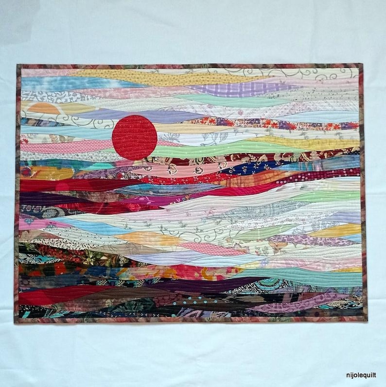 Fabric Wall Art, Wave Landscape Quilt, Wall Hanging Quilt, Landscape Art Quilt, Modern Fabric ...