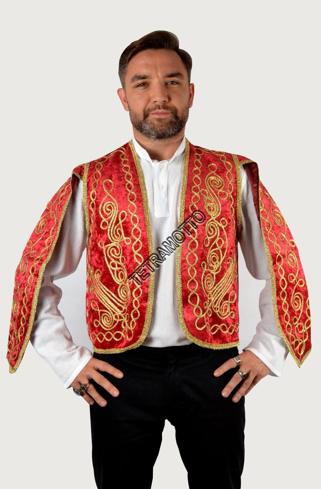 Red Velvet Embroidered Vest Exotic Costume Sleeved Vest A25174 - Etsy