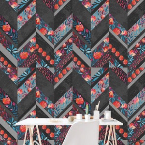 Chevron Retro Flowers Wall Decor, Watercolor Wall Mural, Leaves ...