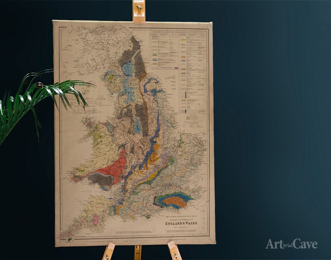 Old Map of England Rail Roads Geology Cotton Canvas, Digital Print, Map ...