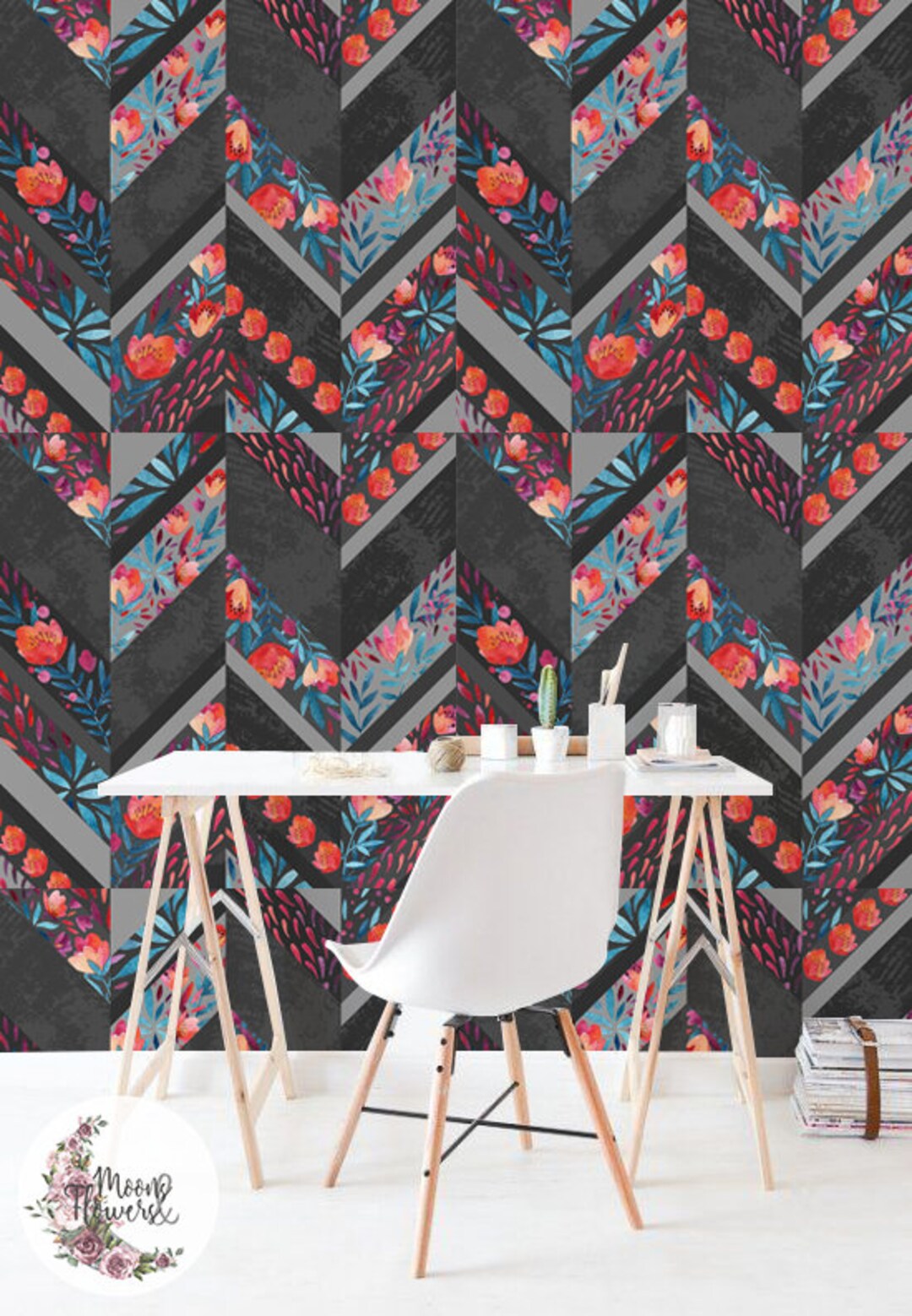 Chevron Retro Flowers Wall Decor, Watercolor Wall Mural, Leaves ...