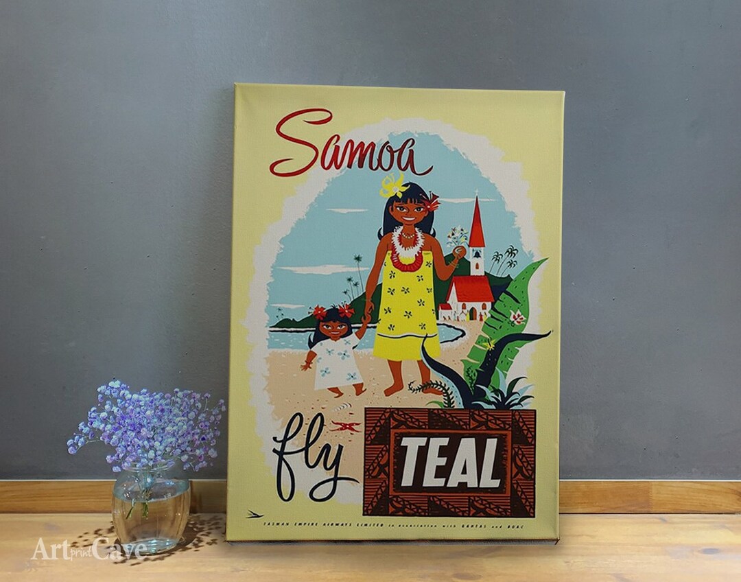 Samoa Fly Teal Travel Poster Cotton Canvas, Digital Print, Retro Travel ...