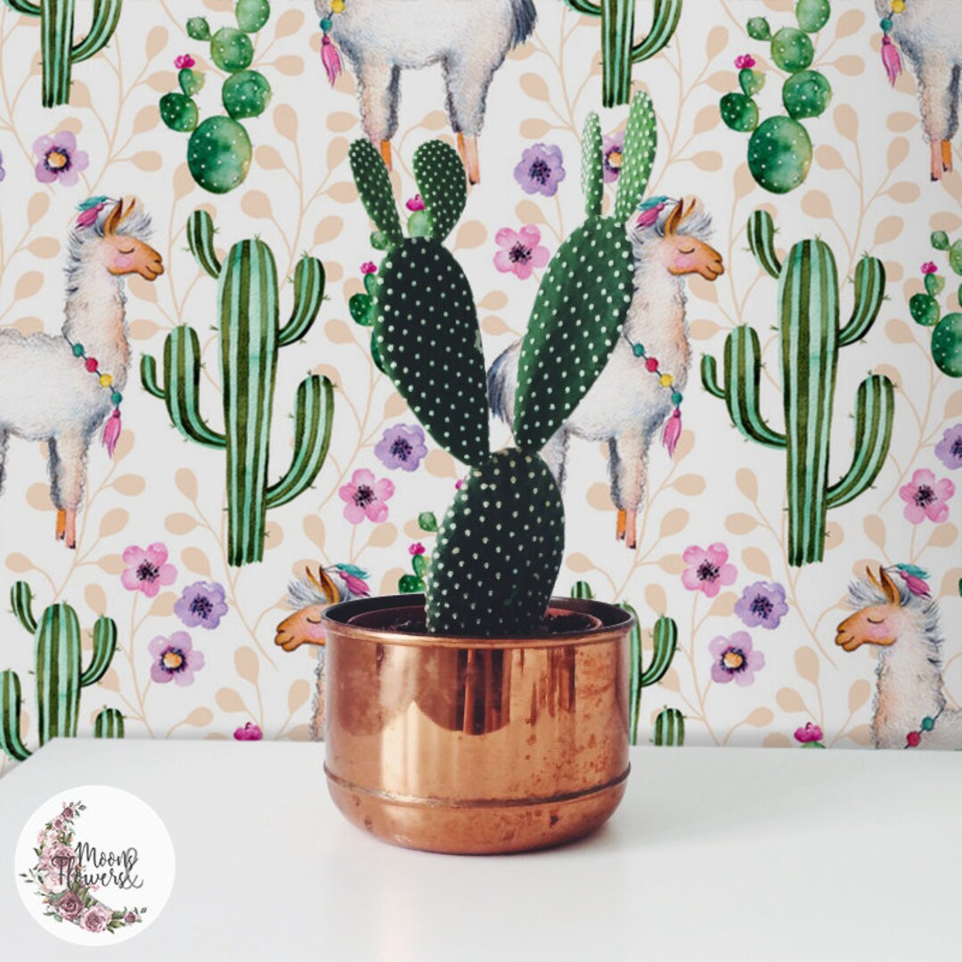 Lama Removable Wallpaper, Animals Wall Mural, Cacti Wall Decor, Peel ...