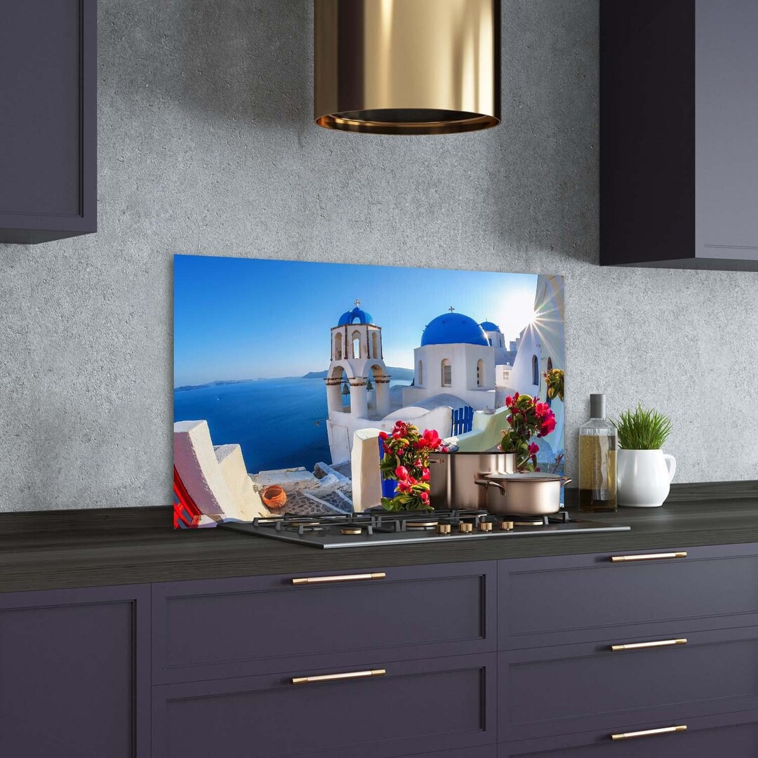Kitchen Glass Panel, Wall Protector, Santorini City Splashback, Blue ...