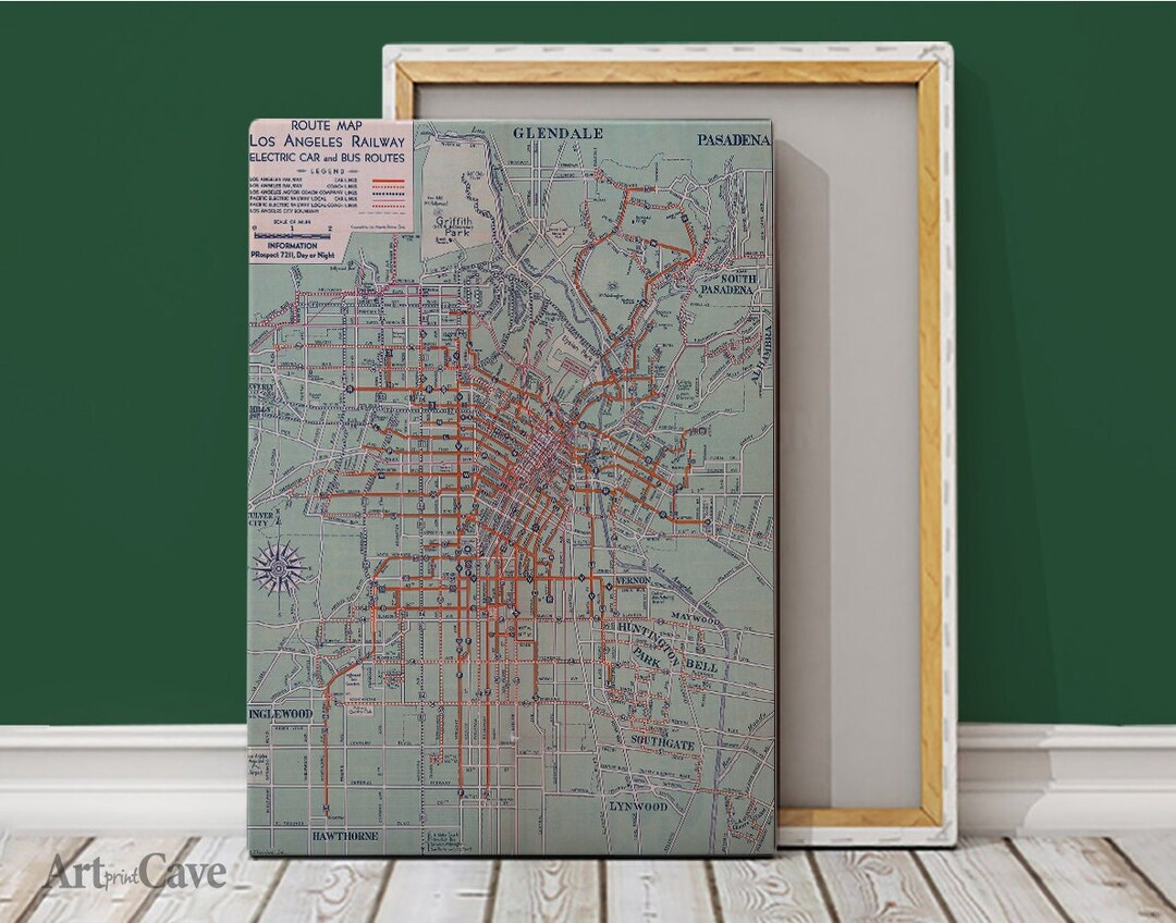 Old Map Los Angeles Railway and Bus Route Cotton Canvas, Digital Print ...